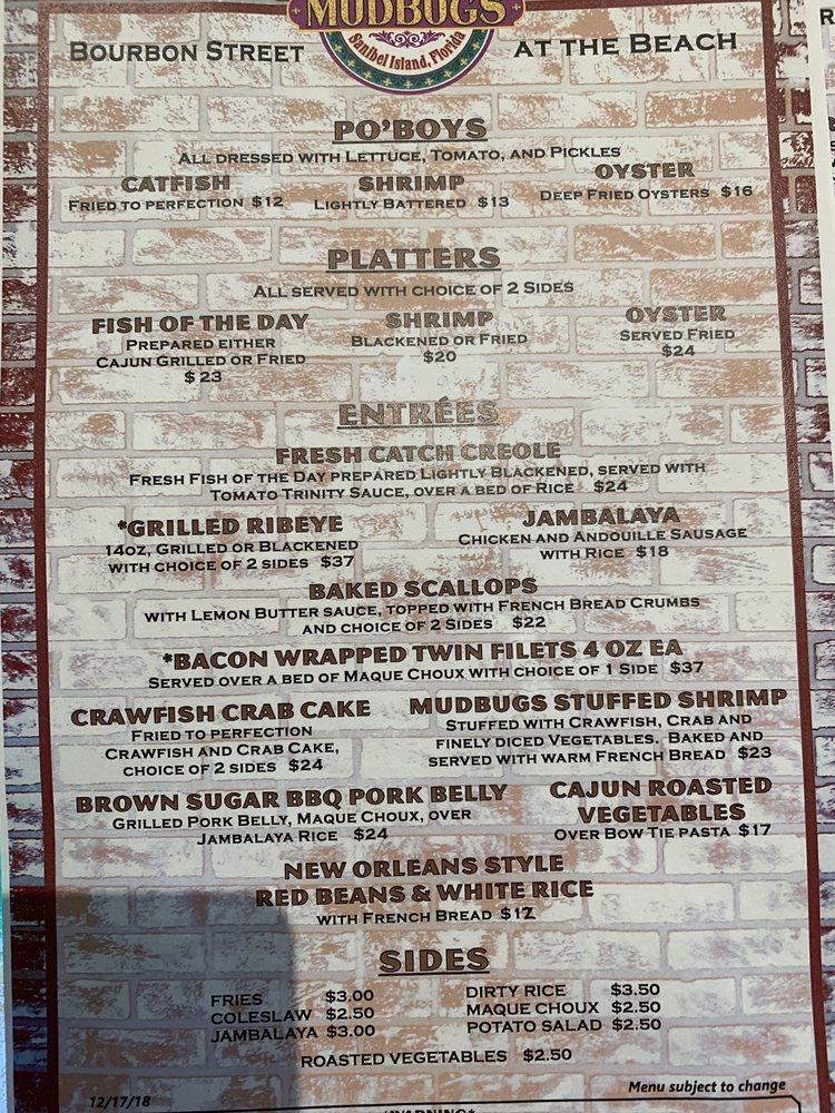 Menu at MudBugs Cajun Kitchen pub & bar, Sanibel