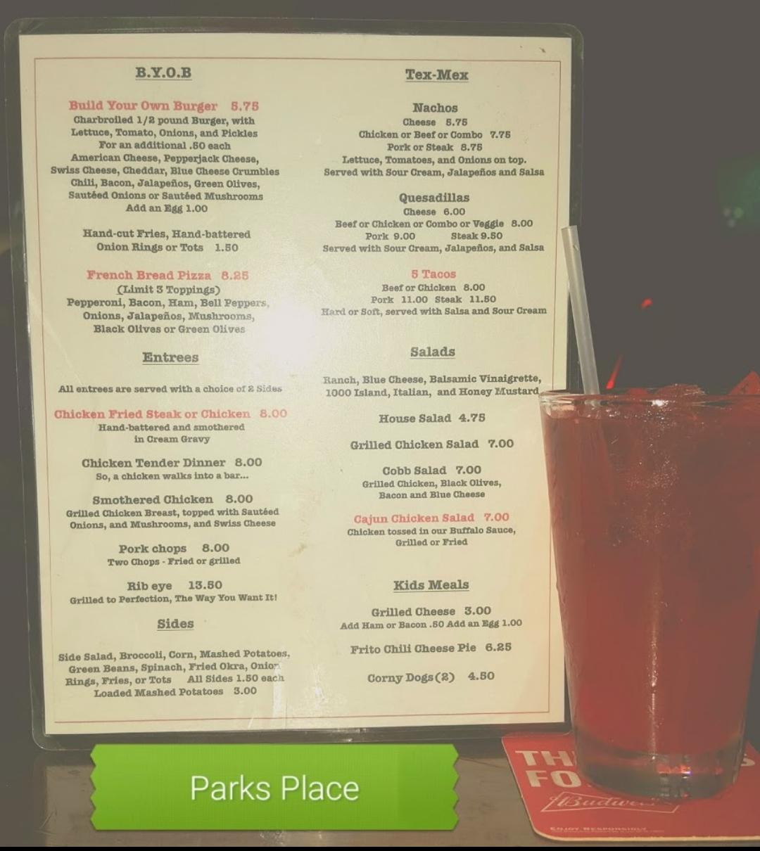 Menu at Parks Place pub & bar, Garland