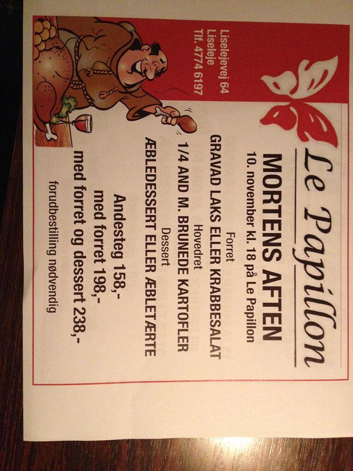 Menu at Restaurant Le Papillon, Liseleje
