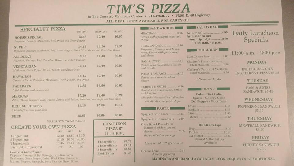 Menu at Tim's Pizza pizzeria, Independence, US-40