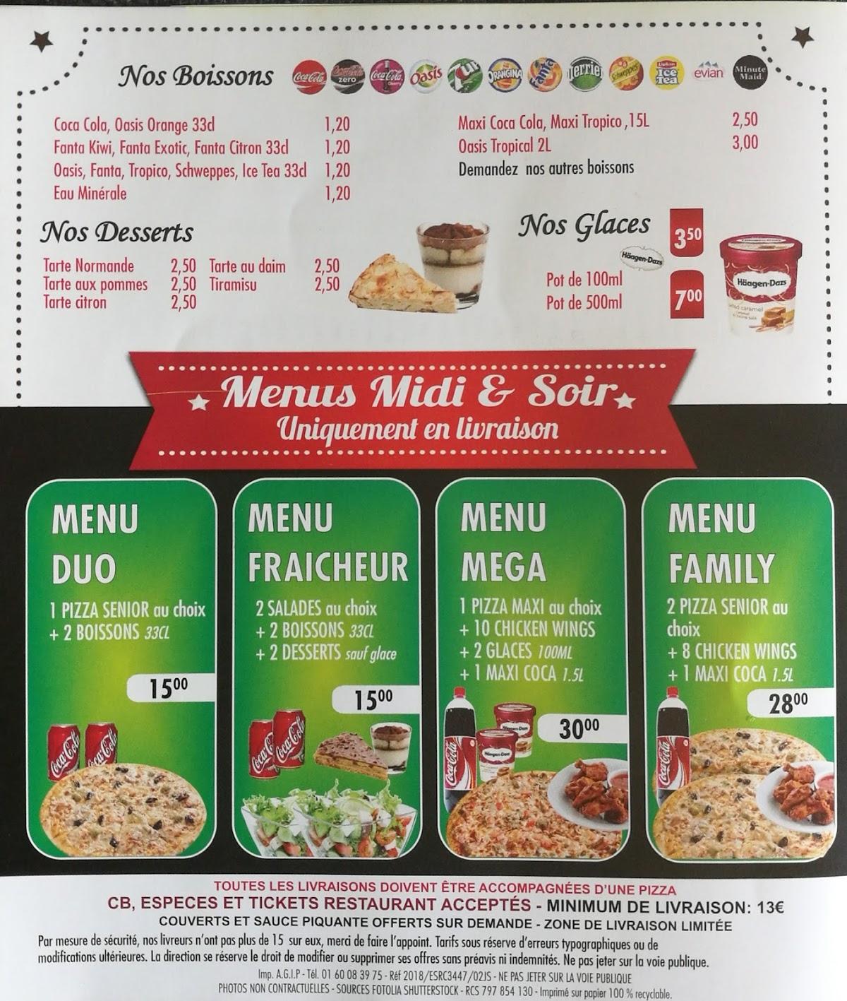 Menu au Sam Pizza pizzeria, Bondy
