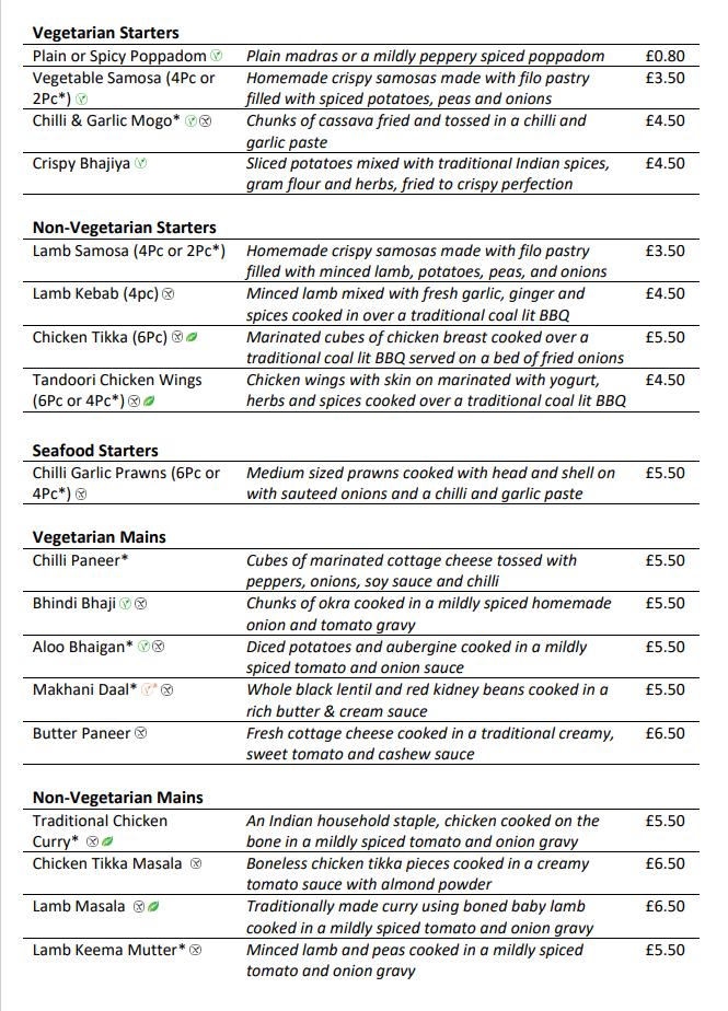 Menu at AJD Catering (formerly AJ’s Curry House), Radlett