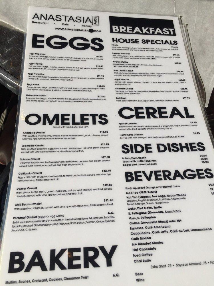 Menu at Anastasia Cafe, Laguna Beach