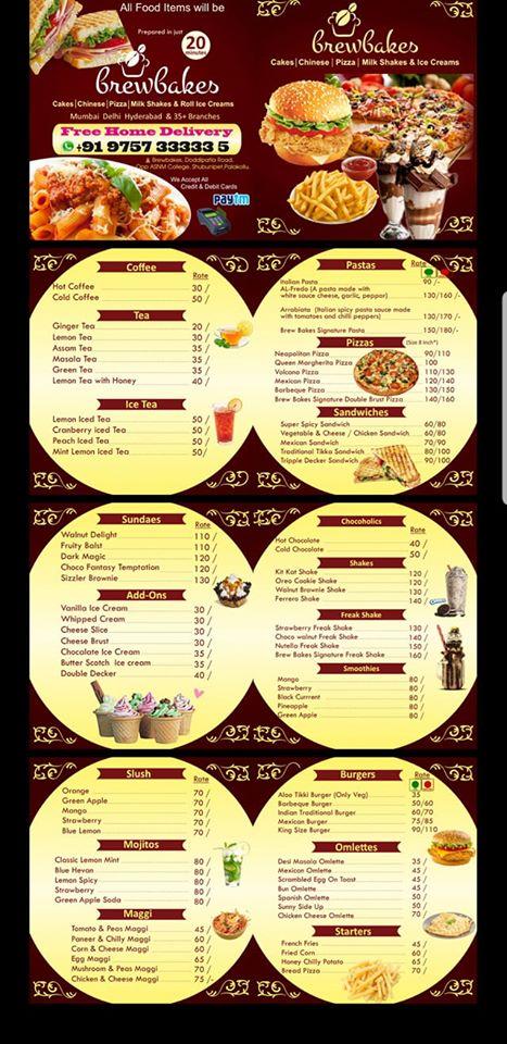Menu at Brewbakes, Palakollu