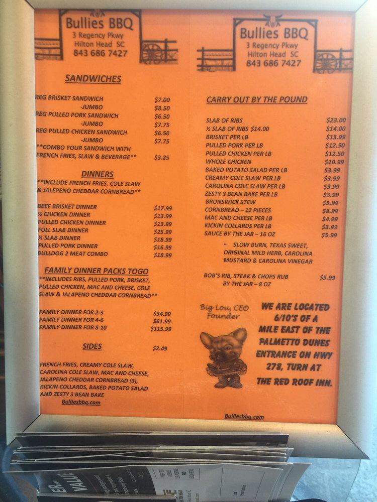 Menu at Bullies BBQ, Hilton Head Island