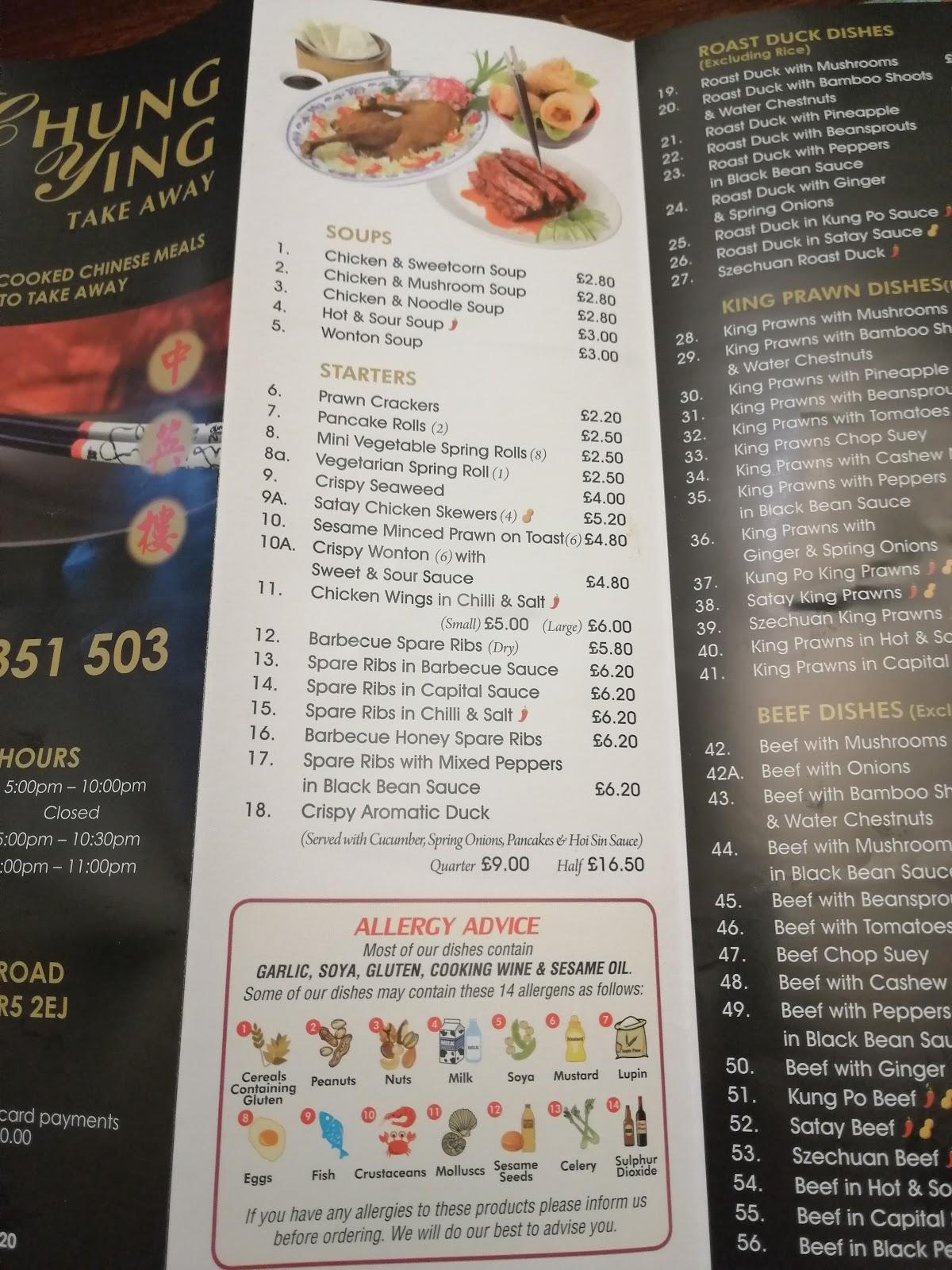 Menu at Chung Ying fast food, Worcester, 154 London Rd