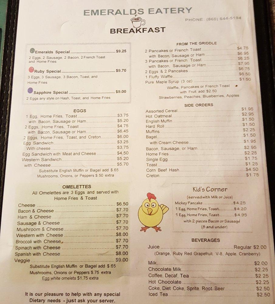 Menu at Emeralds Eatery restaurant, South Windsor
