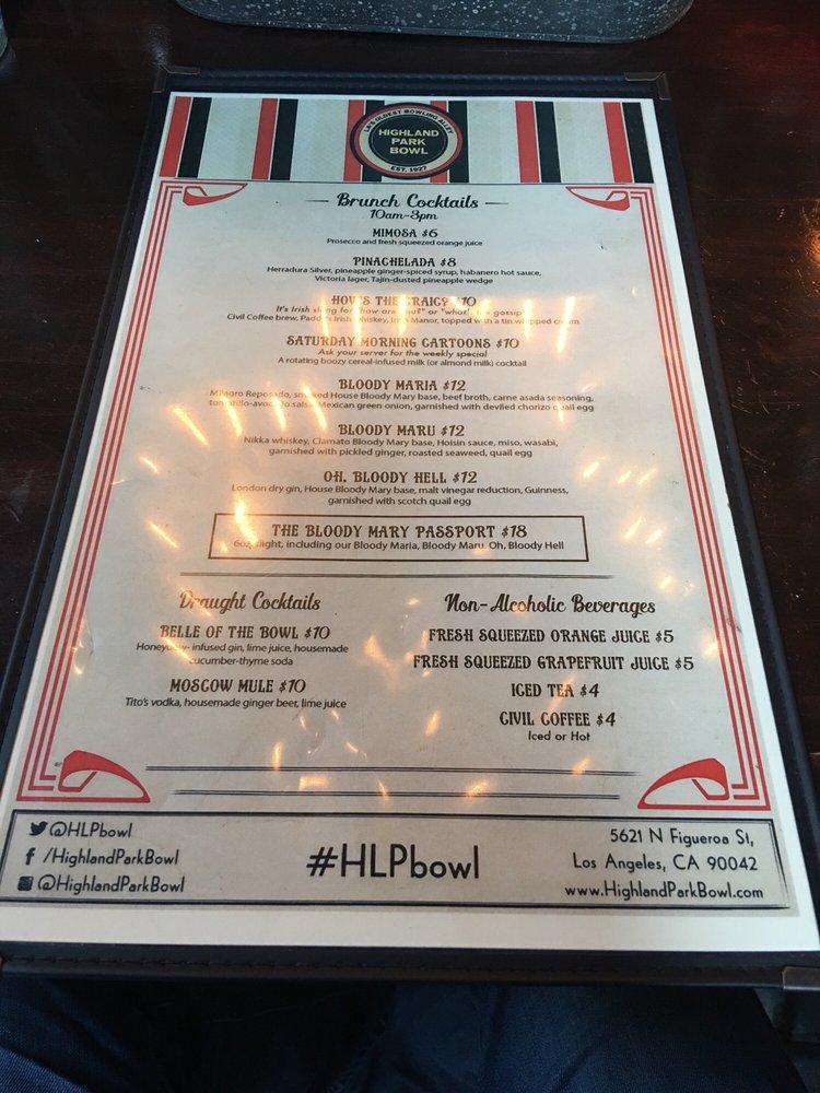 Menu at Highland Park Bowl pub & bar, Los Angeles