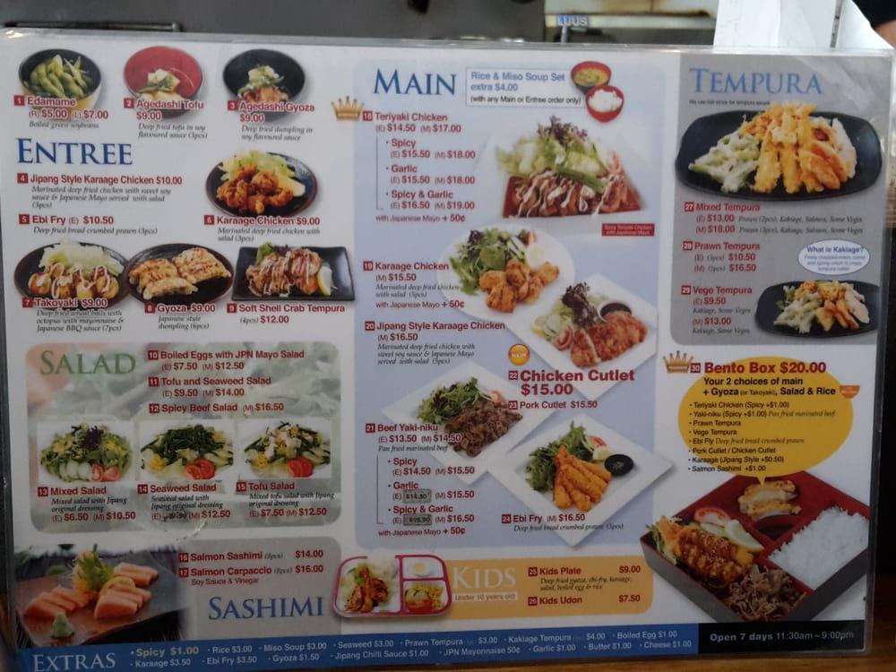 Menu at Jipang restaurant, Manly