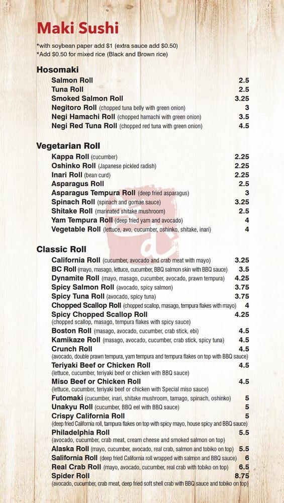Menu at Kimu Japanese Cuisine restaurant, Vancouver