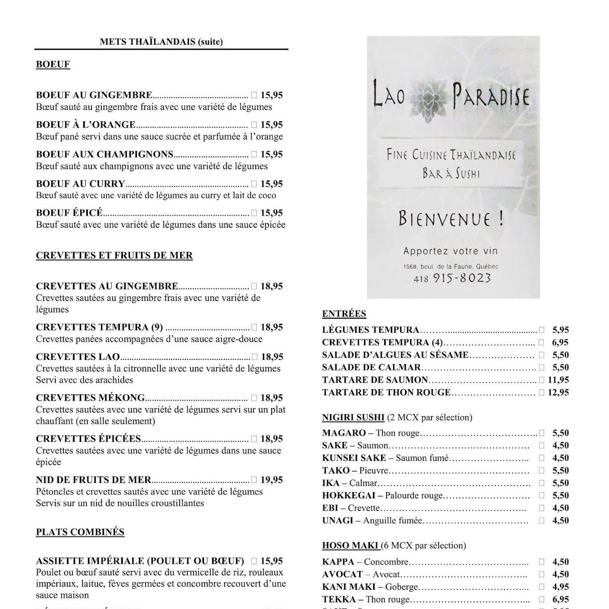 Menu au Lao Paradise restaurant, Québec