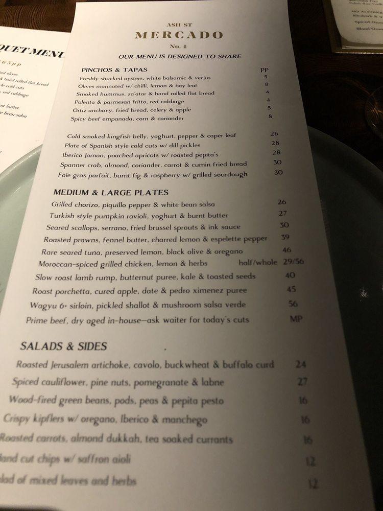 Menu at Mercado restaurant, Sydney
