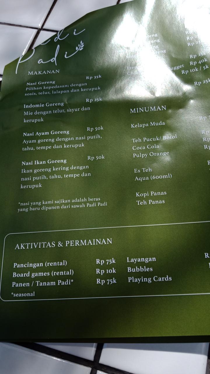 Menu at Padi Padi, Indonesia