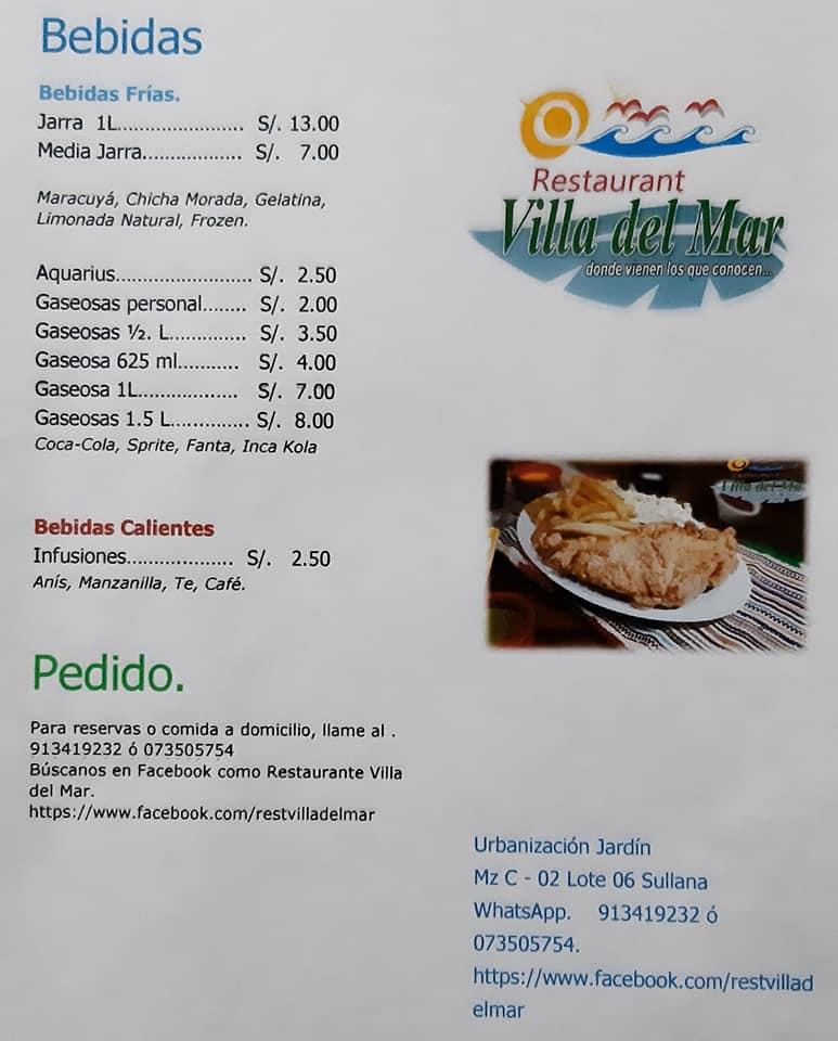 Carta de Restaurante Villa del Mar, Sullana
