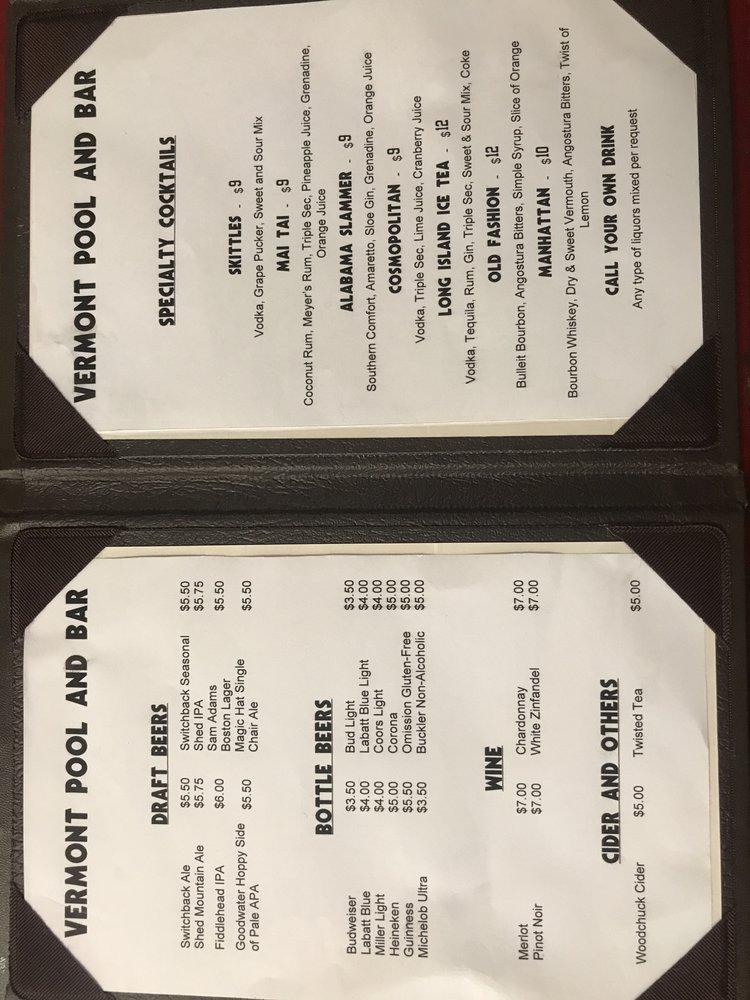 Menu at Vermont Pool and Bar, South Burlington