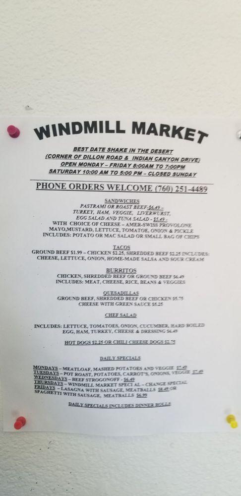 Menu at Windmill Market restaurant, Palm Springs