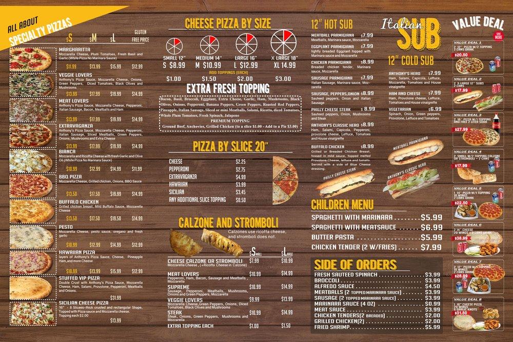 Menu at The Original Anthony's Pizza restaurant, DeLand