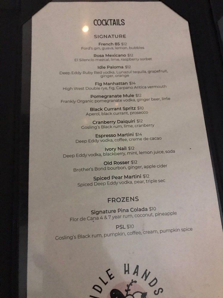 Menu at Idle Hands pub & bar, Houston