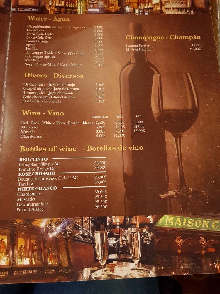 Menu at Le Cirio, Brussels