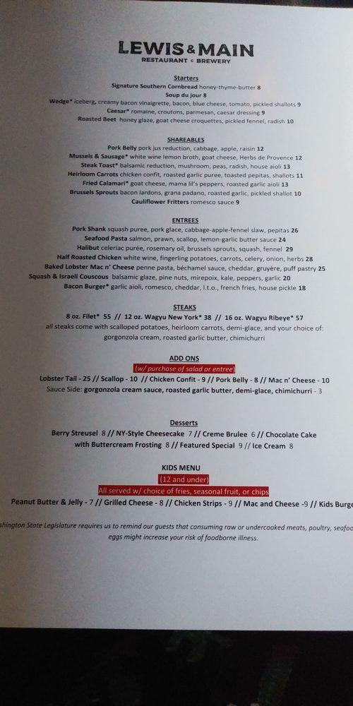 Menu at Lewis and Main Restaurant and Brewery, Monroe