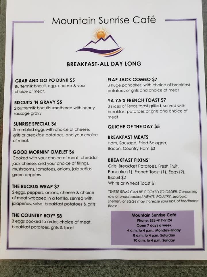 Menu at Mountain Sunrise Café cafe, Black Mountain