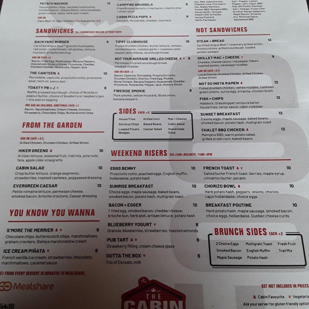 Menu at The Cabin Pub + Party, Edmonton