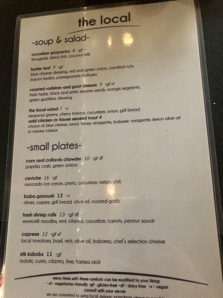 Menu at The Local restaurant, Cody, 13th St