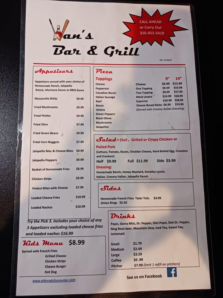 Menu at The VanCave @ Van’s Bar & Grill, El Dorado