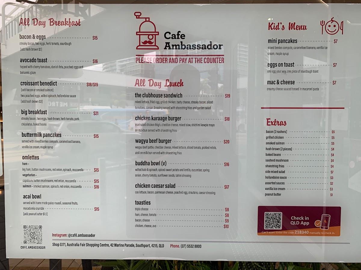 Menu at Cafe Ambassador, Southport