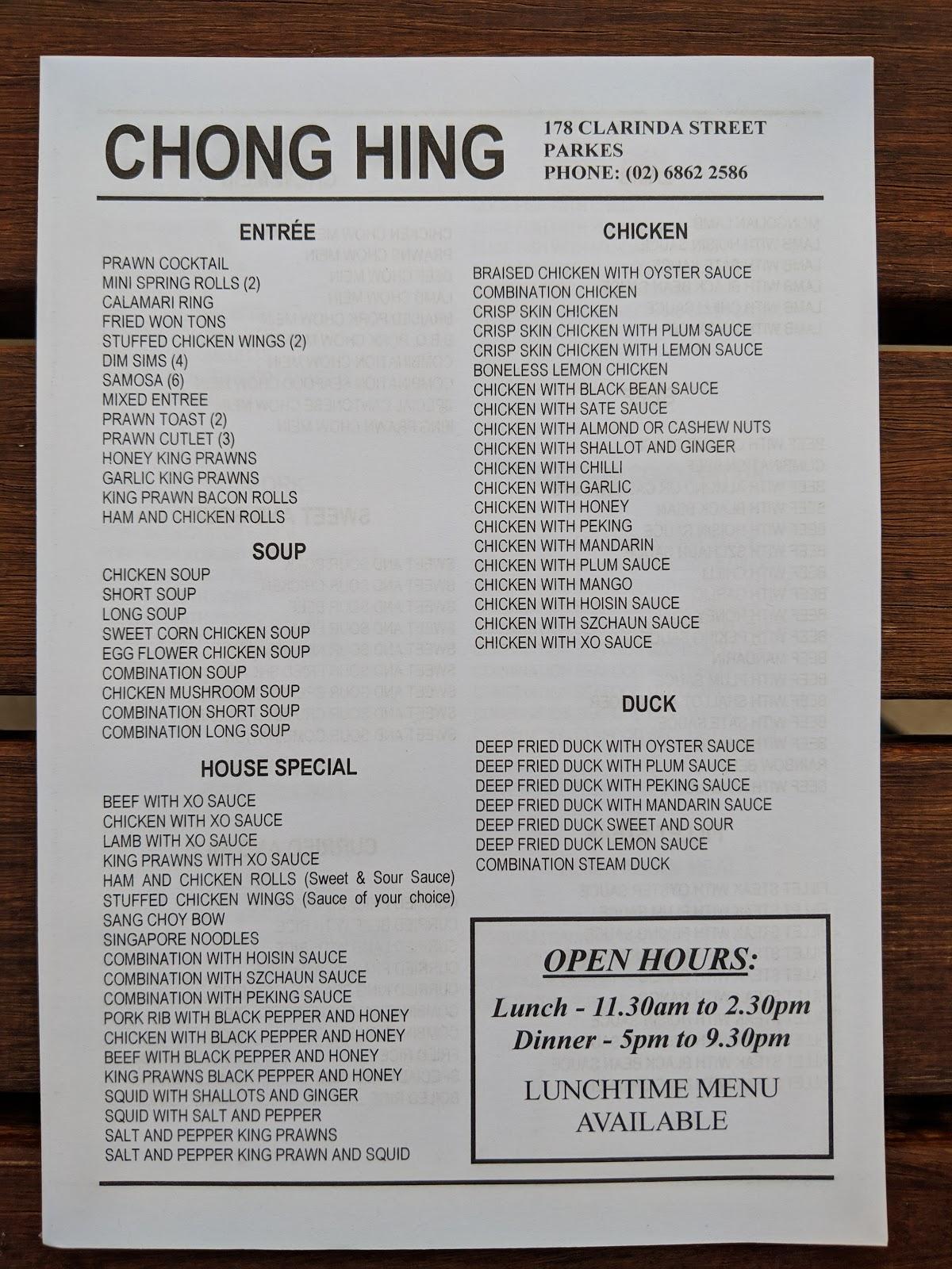 Menu at Chong Hing Restaurant, Parkes
