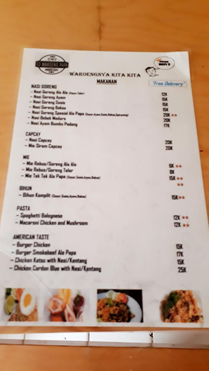 Menu at De Warung Papa Cafe, East Jakarta