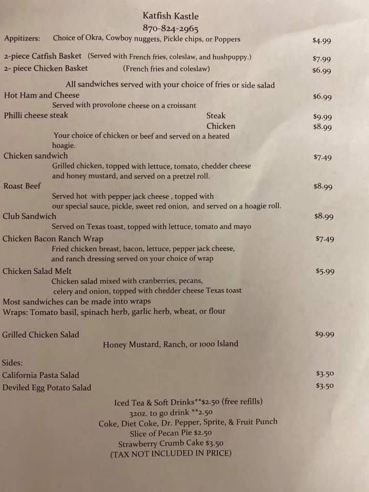 Menu at Katfish Kastle restaurant, Blytheville