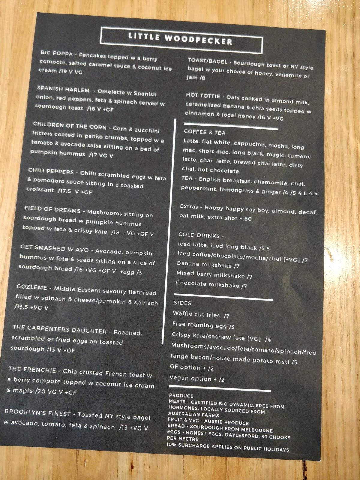 Menu at Little Woodpecker cafe, Blackburn North