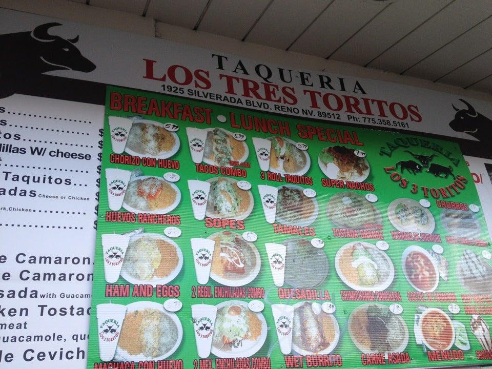 Menu at Los Tres Toritos restaurant, Reno