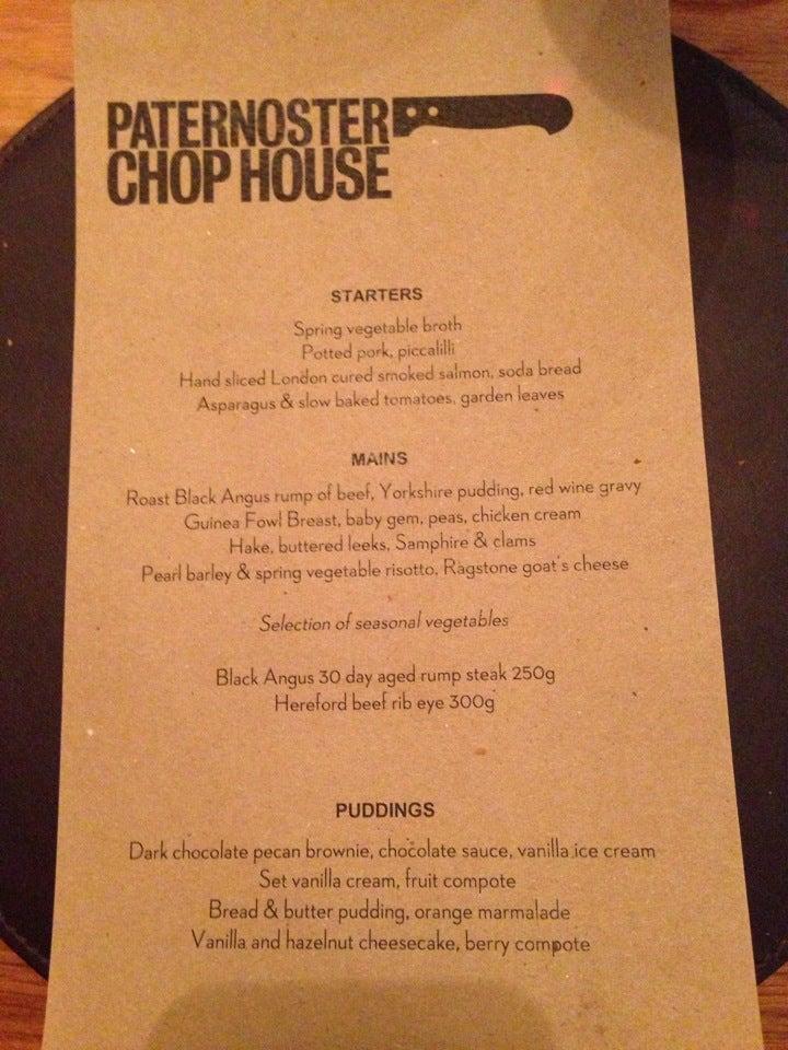 Menu at Paternoster Chop House restaurant, London, 35 Old Bailey