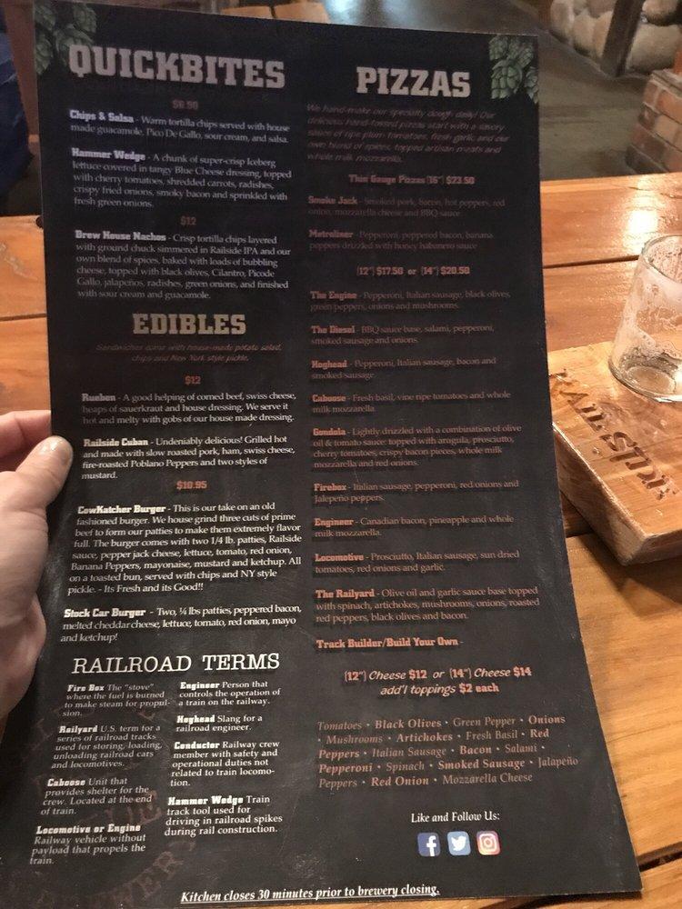 Menu at RailSide Brewing pizzeria, Vancouver