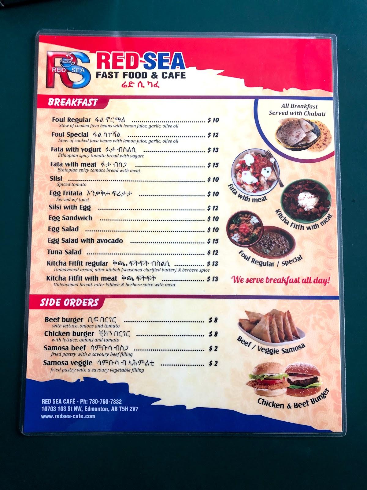 Menu at Red Sea Cafe, Edmonton