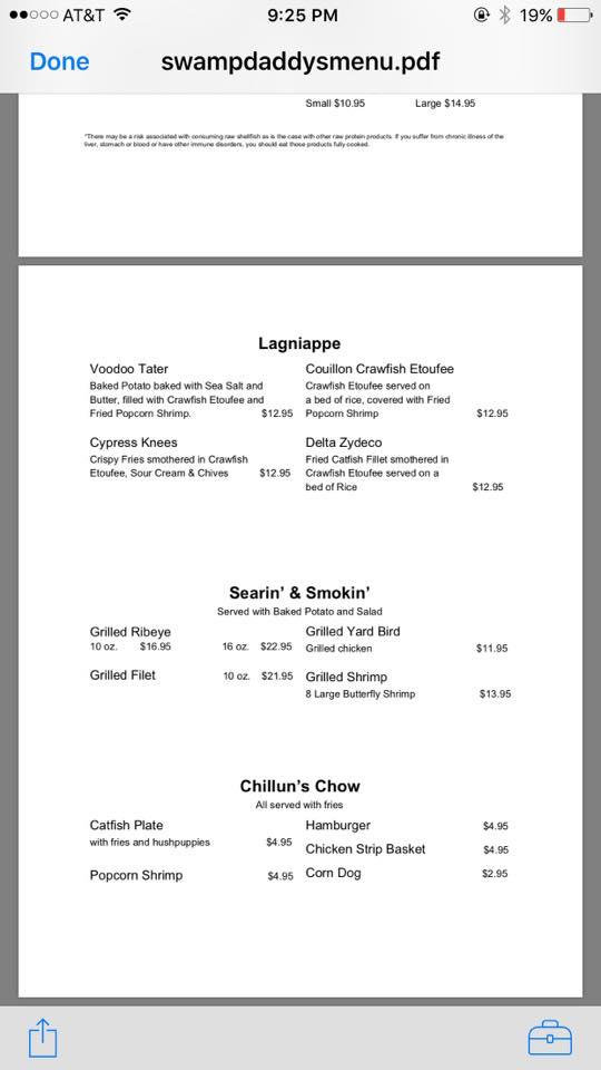Menu at Swamp Daddy's Seafood & Steaks restaurant, Haughton