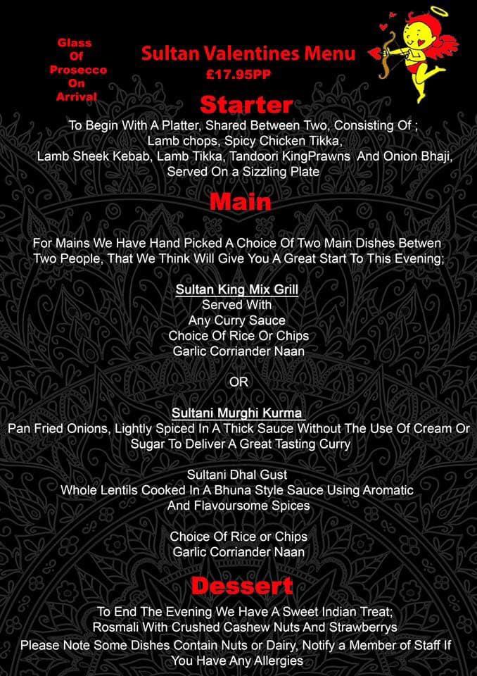 Menu at The Sultan of Jarrow restaurant, Jarrow