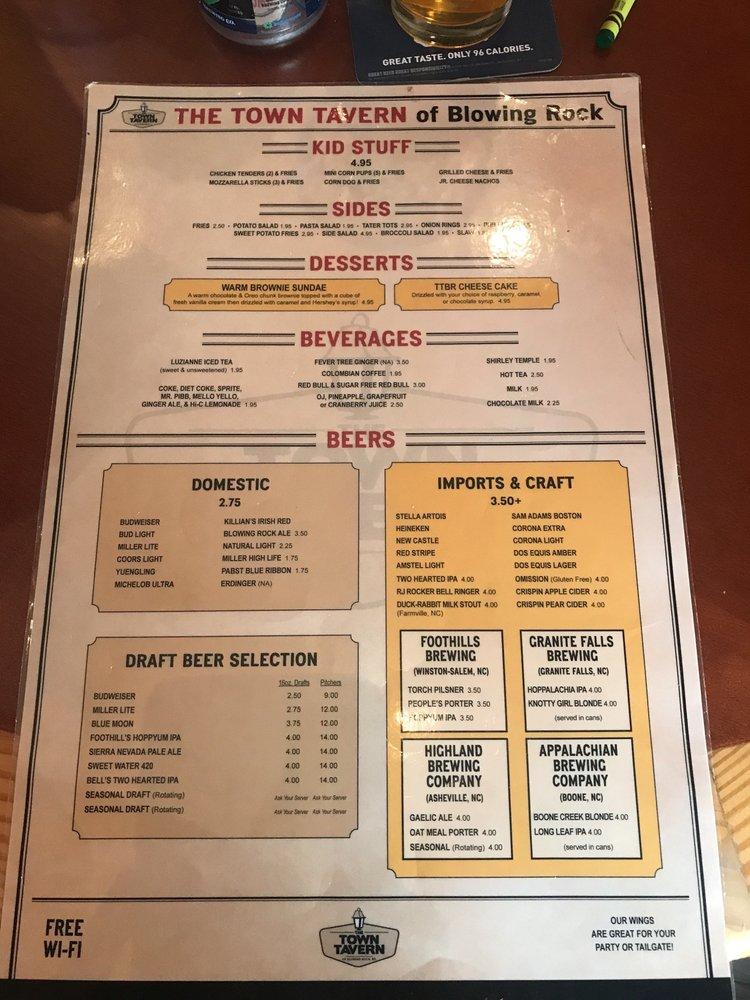 Menu at The Town Tavern pub & bar, Blowing Rock