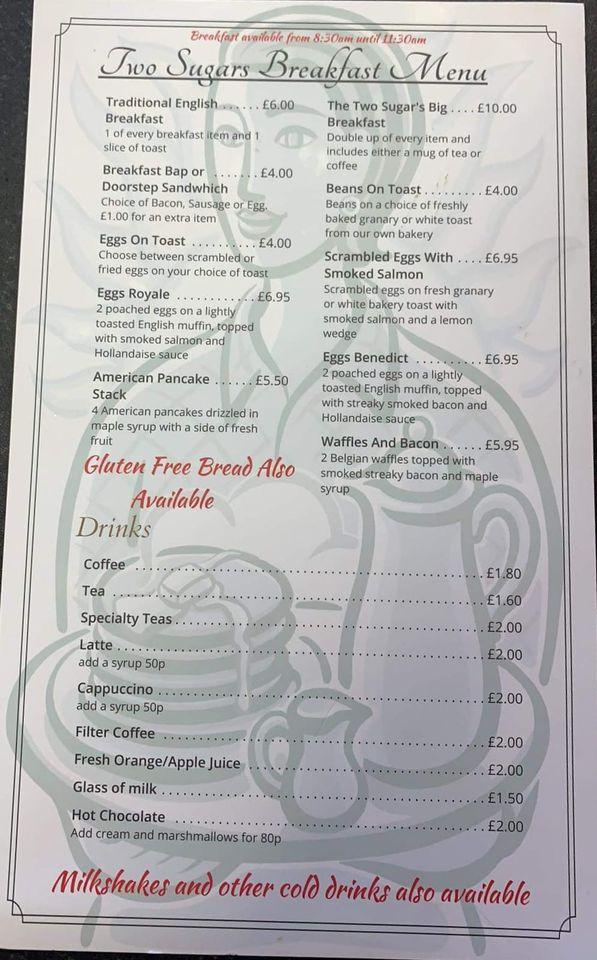 Menu at The Two Sugars Cafe, West Mersea