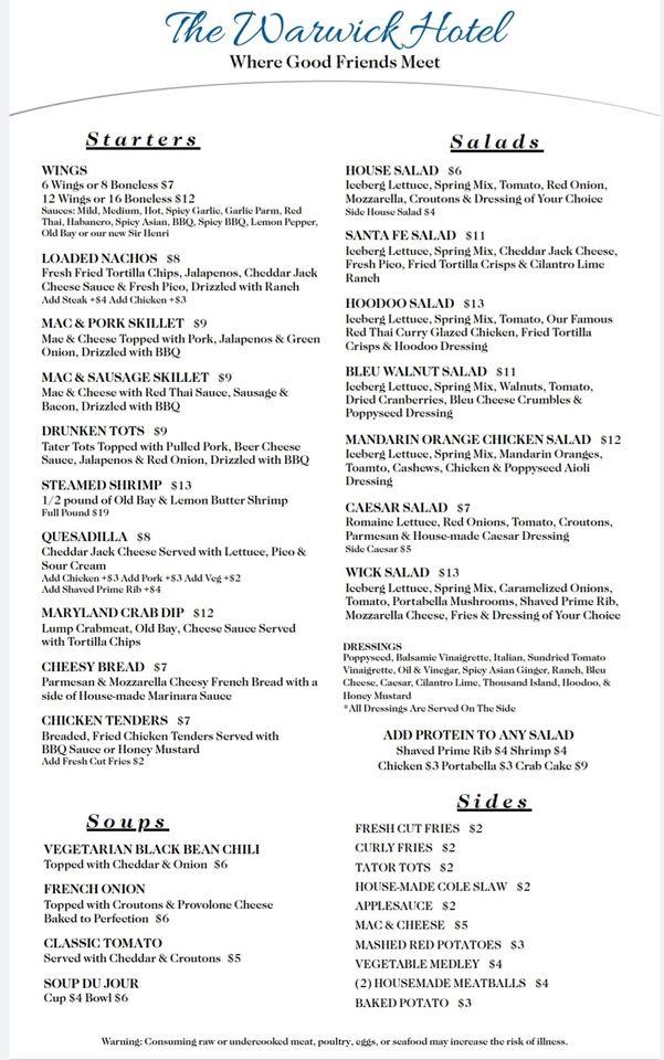 Menu at The Warwick Hotel pub & bar, Hummelstown