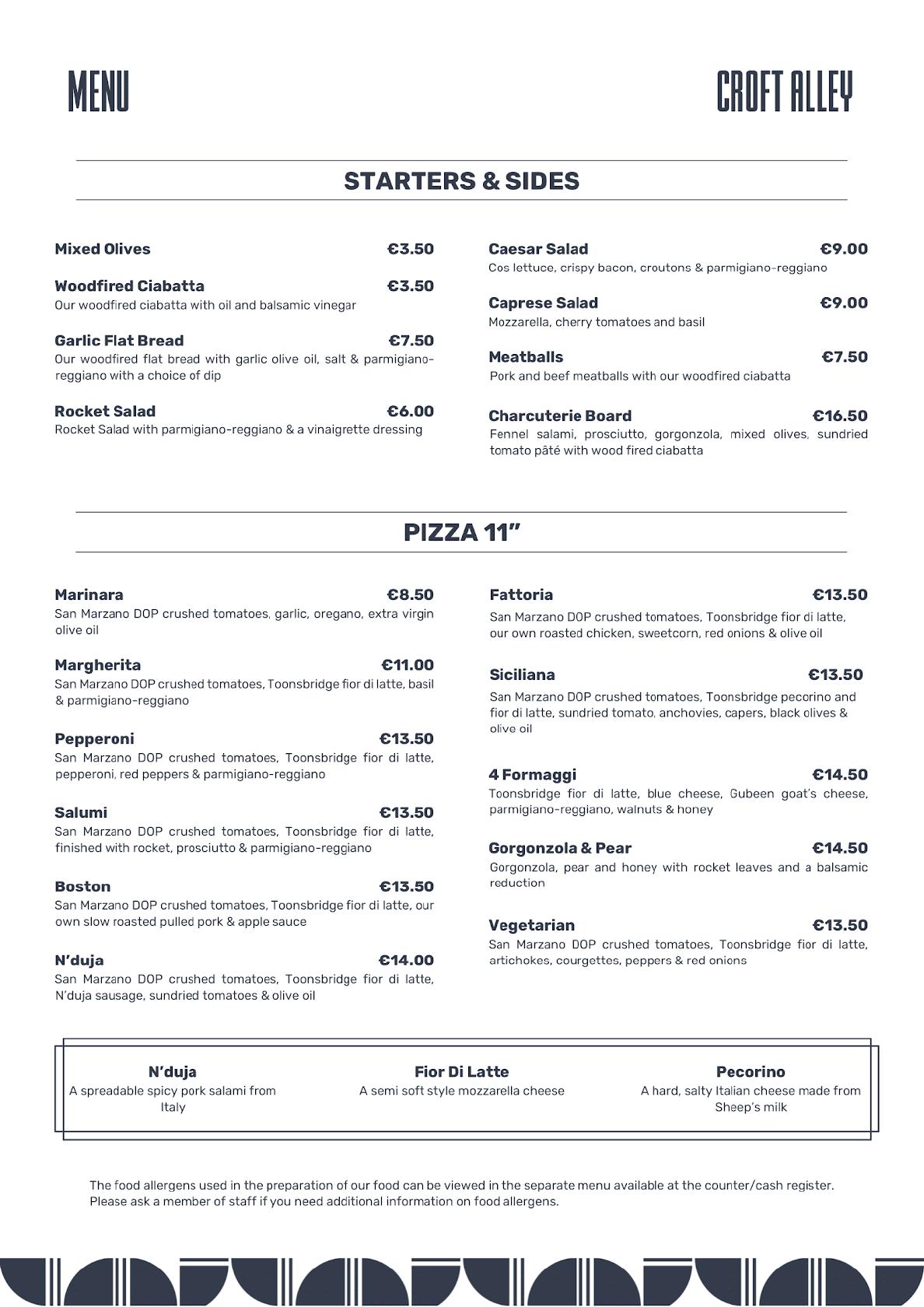 Menu at Croft Alley restaurant, Portlaoise