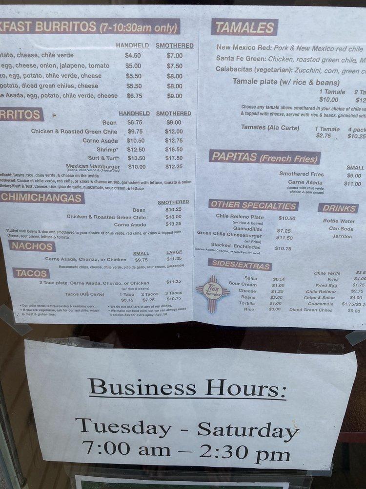 Menu at Tio's Tamales restaurant, Honolulu
