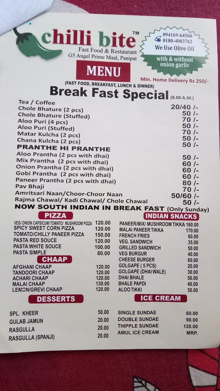 Menu at Chilli Bite, Panipat