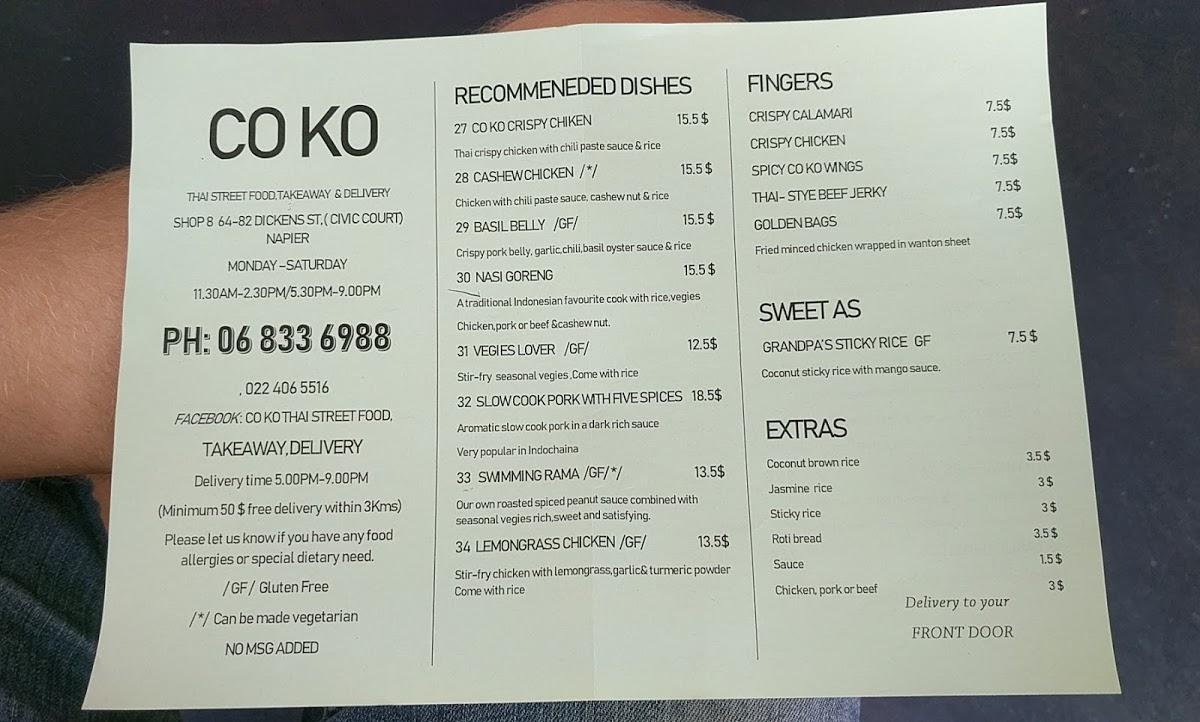 Menu at Co Ko restaurant, Napier
