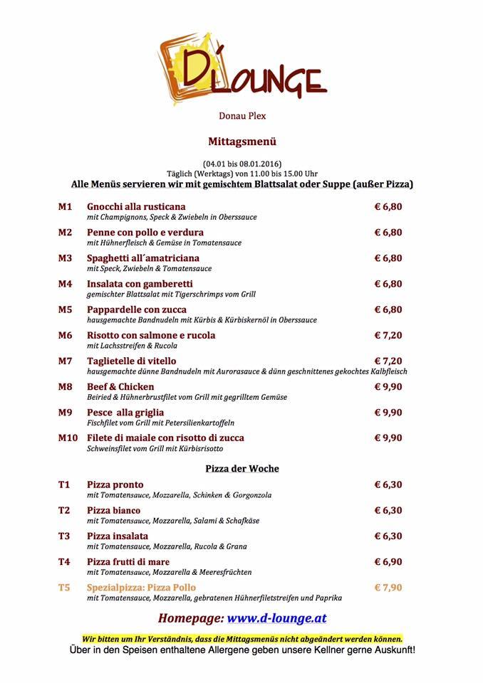 Menu at D-Lounge-Donauplex restaurant, Austria