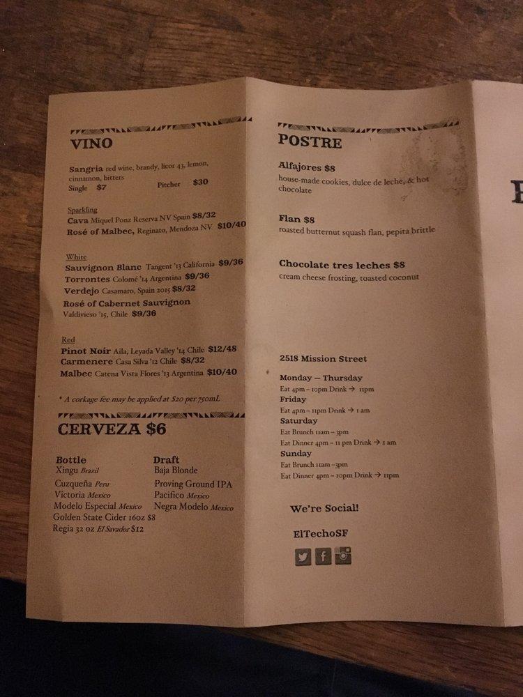 Menu at El Techo pub & bar, San Francisco