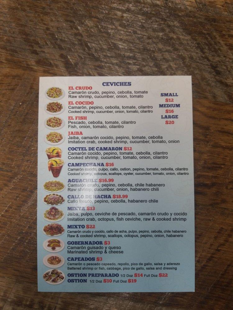 Menu at La Cruda Mariscos restaurant, Riverside