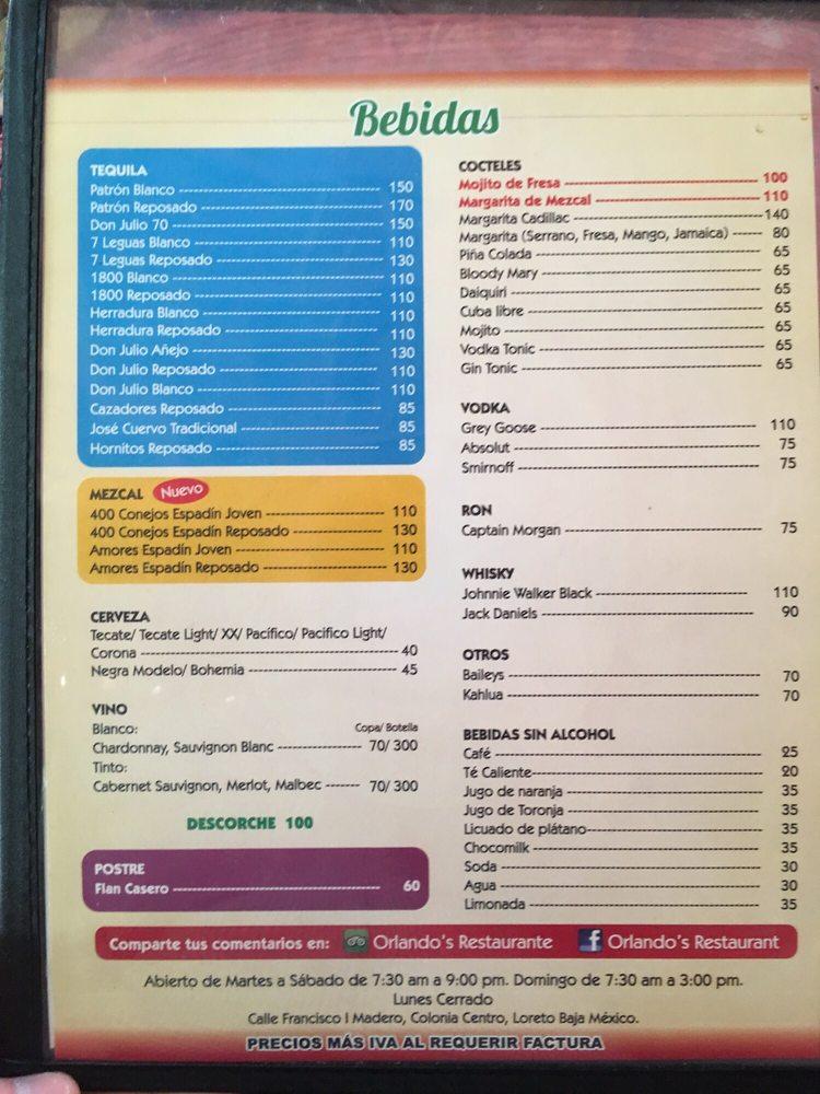 Menu at Orlando's Restaurante, Loreto